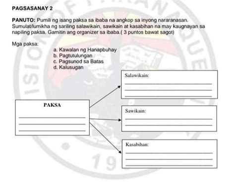 PAGSASANAY 2 PANUTO Pumili Ng Isang Paksa Sa Ibaba Na Angkop Sa Inyong