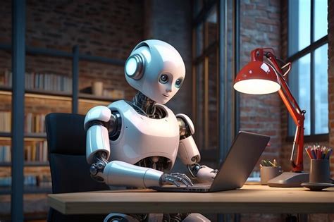 Automation Office Worker Concept With 3d Rendering Cute Robot Work With Computer Notebook