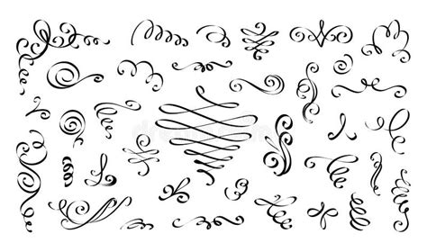 Swirl Calligraphic Line Flourish Script Border Vintage Outline Ornament Elements Black Ink