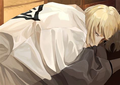 An Anime Character Laying On The Ground With His Head In Another Person