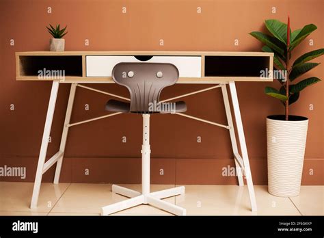 Modern Empty Wooden Table And Green Plant Stock Photo Alamy