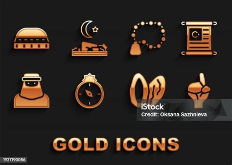 Qibla 코란 거룩한 책 기도 위치에 있는 손 대추 과일 이슬람 여성 니캅 묵주 구슬 종교 기도 모자 및 기도 아이콘 설정 벡터 건강한 생활방식에 대한 스톡 벡터 아트 및