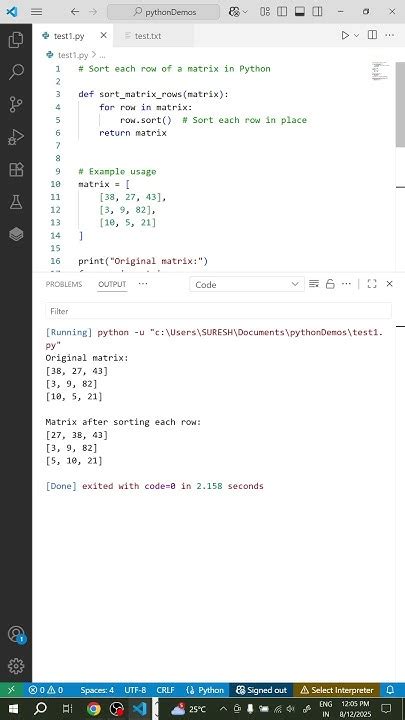 Sort Each Row Of A Matrix In Python Python Ai Artificialintelligence