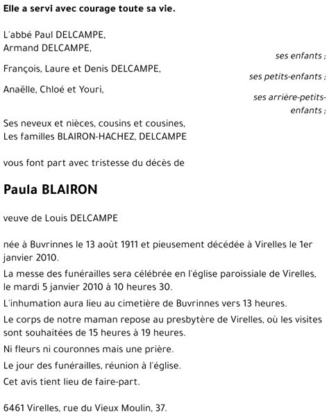 Avis De Décès De Paula Blairon Décédé Le 01 01 2010 à Virelles