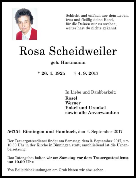 Traueranzeigen Von Rosa Scheidweiler Rz Trauerde