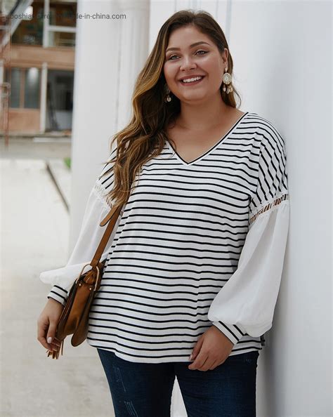 Latest Plus Size Women Clothining Strips Pattern Ladies Tops Blouses