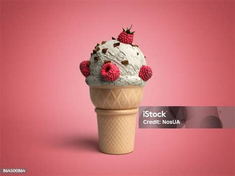컬러 배경에서 와플 컵 3d 렌더링에 초콜릿 부스러기와 라스베리 아이스크림 아이스크림에 대한 스톡 사진 및 기타 이미지