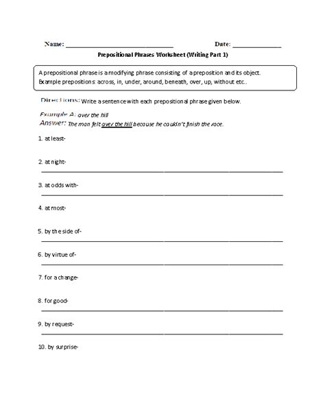 Prepositions Worksheets Writing A Prepositional Phrase Worksheet