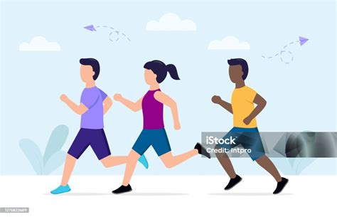 卡通風格的慢跑者穿著運動服的向量插圖馬拉松選手組男女運動跑運動與健康組成藍色背景與植物雲向量圖形及更多友誼圖片 友誼 短褲 運動