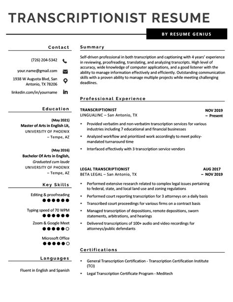 Resume Format For Medical Transcriptionist 10 Best Medical