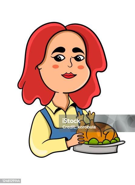 만화 여자 요리사 튀김 치킨 벡터 일러스트와 함께 요리를 들고 가정 주방에 대한 스톡 벡터 아트 및 기타 이미지 가정 주방 가정의 방 고기 Istock