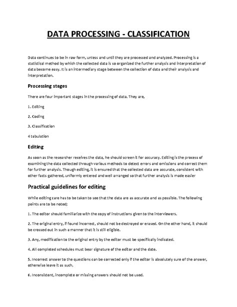 Data Processing Classification Data Processing Classification Data Continues To Be In Raw