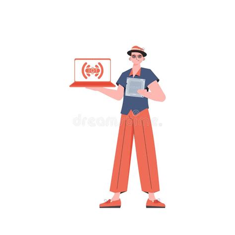A Man Holds A Laptop And A Processor Chip In His Hands Iot Concept Isolated Vector Stock