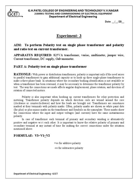 Exp 3 To Perform Polarity Test On Single Phase Transformer And Polarity