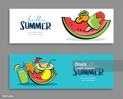 안녕하세요 여름 배너 디자인 손으로 그린 스타일 해변 파티 배경을위한 낙서와 객체 요소가있는 여름 개체 그룹에 대한 스톡 벡터 아트 및 기타 이미지 Istock