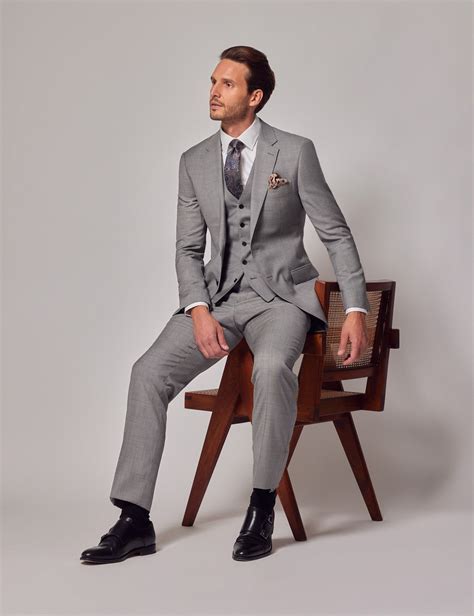Mens Light Grey Twill 3 Piece Slim Fit Suit Super 120s Wool Hawes