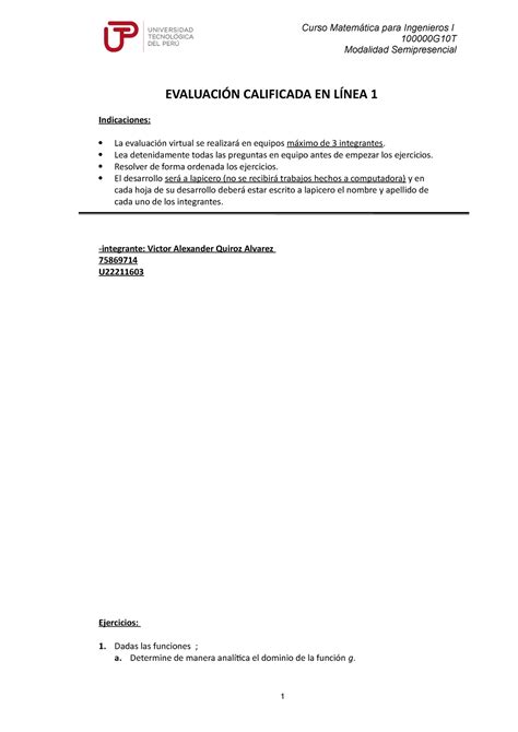 UTP Evaluación Calificada en linea Curso Matemática para Ingenieros I G T Modalidad