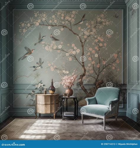 Chinese Chinoiseries Style Wallpaper With Flower Tree Vase On Stool