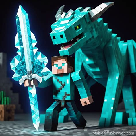 Minecraft Steve With Diamond Armor And A Diamond Sword Fighting The