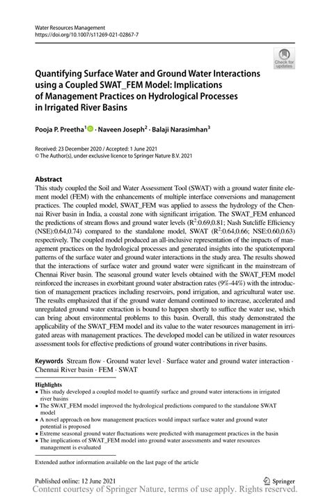 Pdf Quantifying Surface Water And Ground Water Interactions Using A Coupled Swatfem Model