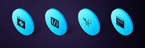 Isometric Code 터미널 디버깅 프로그래밍 언어 구문 및 Python 프로그래밍 아이콘을 설정합니다 벡터 3차원 형태에