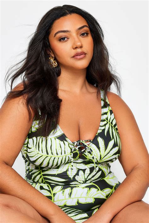 Yours Plus Size Black Leaf Print Plunge Tummy Control Swimsuit Yours