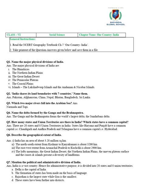Class Vi Sst Notes 20 Our Country India Pdf Physiographic Divisions Geography