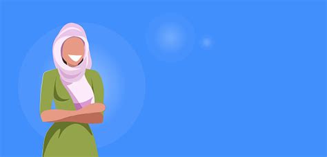 아랍 여자 행복 아랍어 여자 Hijab 패션 옷 무슬림 여성 만화 캐릭터 초상화 평면 파란색 배경 수평 입고 개념에 대한 스톡 벡터 아트 및 기타 이미지 Istock
