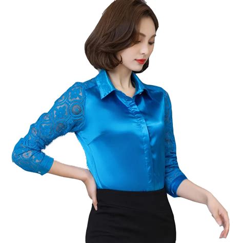 2017 Spring Long Sleeve Lace Patchwork Chiffon Satin Shirts Women Work