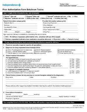 Prior Authorization Form Botulinum Toxins Blank Fillable Template