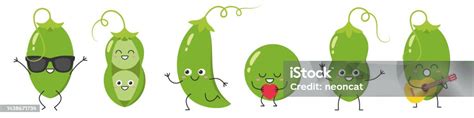 녹색 완두콩 꼬투리 캐릭터 만화 인사말 점프 노래 사랑 실행 귀여운 웃는 얼굴 쾌활 카와이 기쁨 행복 한 감정 아이콘 벡터 일러스트 레이 션 완두콩 꼬투리에 대한 스톡 벡터