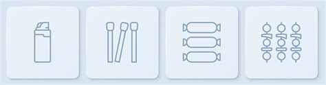 세트 라인 라이터 소시지 일치 및 구운 쉬쉬 케밥 흰색 정사각형 버튼 벡터 가연성에 대한 스톡 벡터 아트 및 기타 이미지 가연성 고기 굽기 Istock