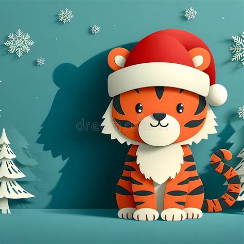 Cute Christmas Paper Cut 3d Tiger With Shadow Stock Illustration