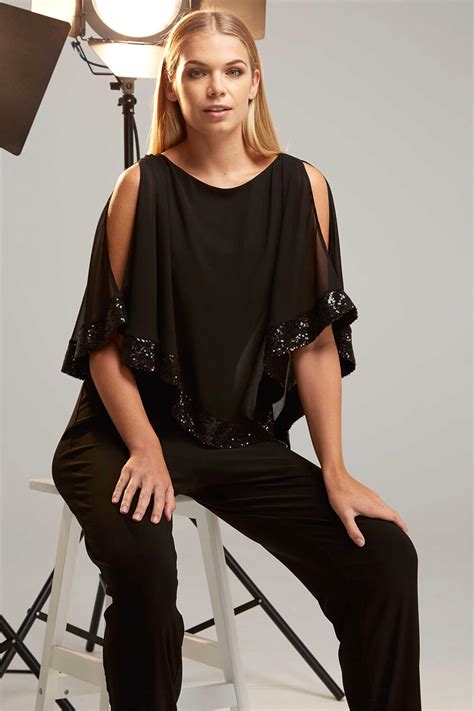 Sequin Trim Overlay Jumpsuit In Black Roman Originals Uk