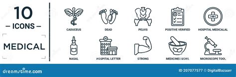 Medical Linear Icon Set Includes Thin Line Caduceus Pelvis Hospital