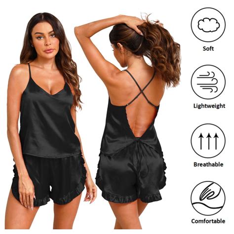 Womens Satin Cami Pajama Sets 2 Piece Womens Satin Lingerie Pajama Set
