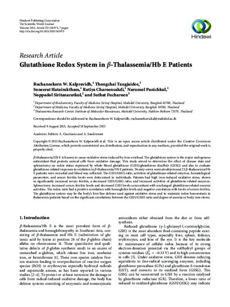 Pdf Glutathione Redox System In β Thalassemiahb E Patients Suthat