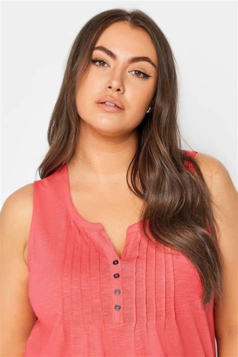Yours Plus Size Pink Pintuck Henley Style Vest Top Yours Clothing