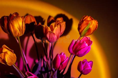 Pink Colored Tulip Flower In Neon Light On Yellow And Violet Gradient