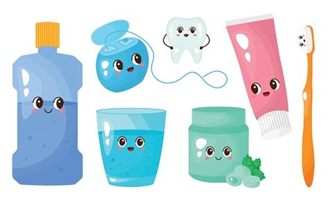 치과 컬렉션 마스코트 치아 관리 제품 만화 캐릭터 세트 구강 청결제 칫솔 치약 튜브 치실 건강한 치아 잇몸 물 한 잔 구강 위생 벡터 일러스트 레이 션입니다 치과 장비에