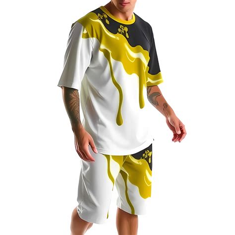 Stylish White And Yellow Dripping Pattern T Shirt And Shorts Set For Trendy