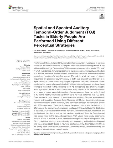 Pdf Spatial And Spectral Auditory Temporal Order Judgment Toj Tasks In Elderly People Are