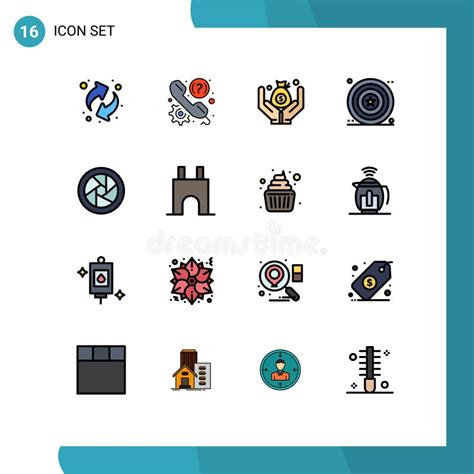 Modern Set Of 16 Flat Color Filled Lines Pictograph Of Camera Lenses Camera Accessories