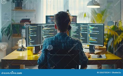 A Programmer Immersed In Coding Surrounded By Multiple Screens In A Modern Minimalist Office