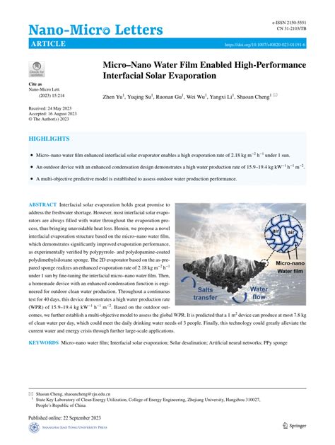 Pdf Micronano Water Film Enabled High Performance Interfacial Solar Evaporation
