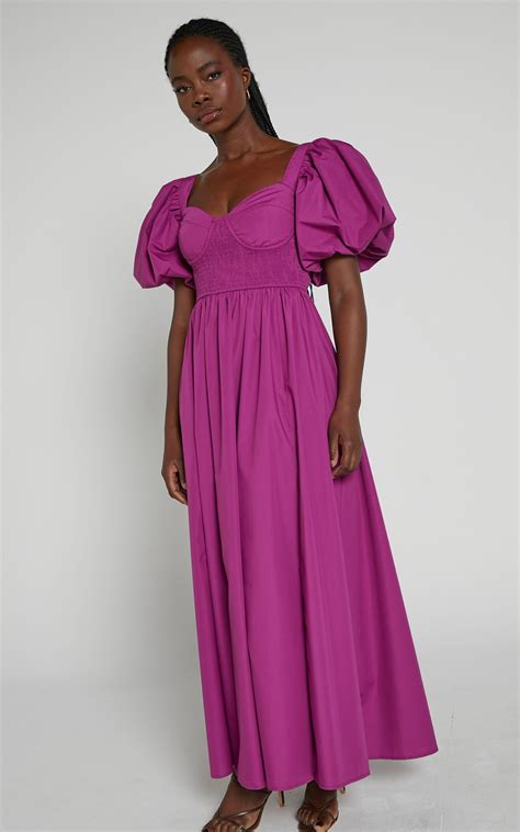 Raiza Midi Dress Shirred Waist Puff Sleeve Dress In Orchid Showpo Usa