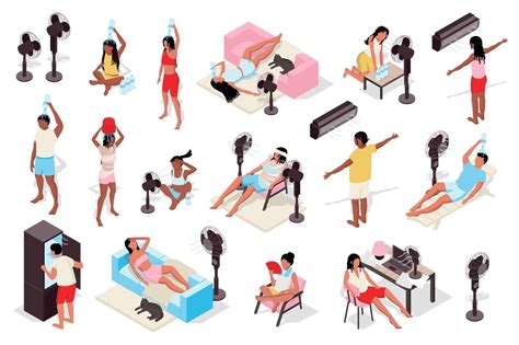 Hot Weather 3d Isometric Mega Set Collection Flat Isometry Elements Of People Sweating And Heat