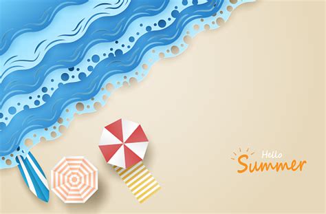 안녕하세요 여름 배경 여행과 해변 개념에 여름을 휴식 최고 전망 해변 우산 서핑 보드 배경으로 디자인 종이 아트 스타일 벡터 0