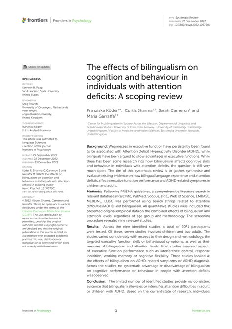 Pdf The Effects Of Bilingualism On Cognition And Behaviour In Individuals With Attention
