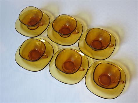 6 Tasses à Café En Verre Ambré Jaune De Chez Vereco Selency